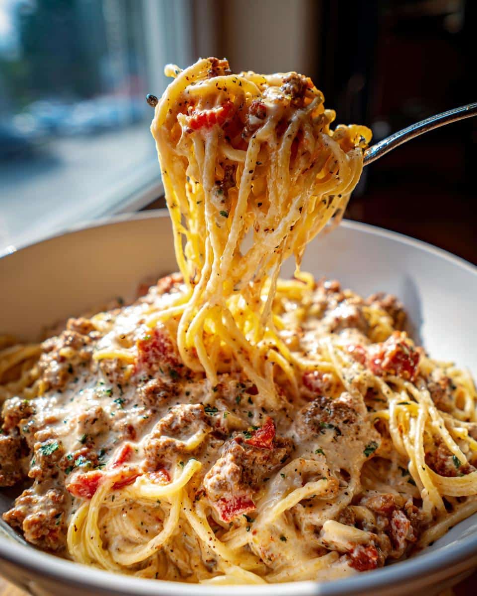 Cajun Beef Spaghetti in Creamy Three-Cheese Paradise